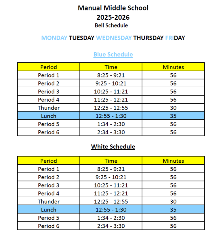 Manual Middle School » Bell Schedule 2025-26